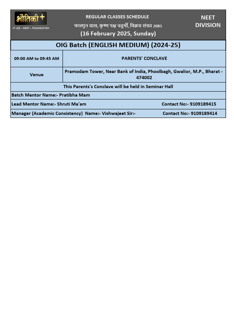 Regular Classes Schedule Fighter OIG (16-02-2025) | PDF