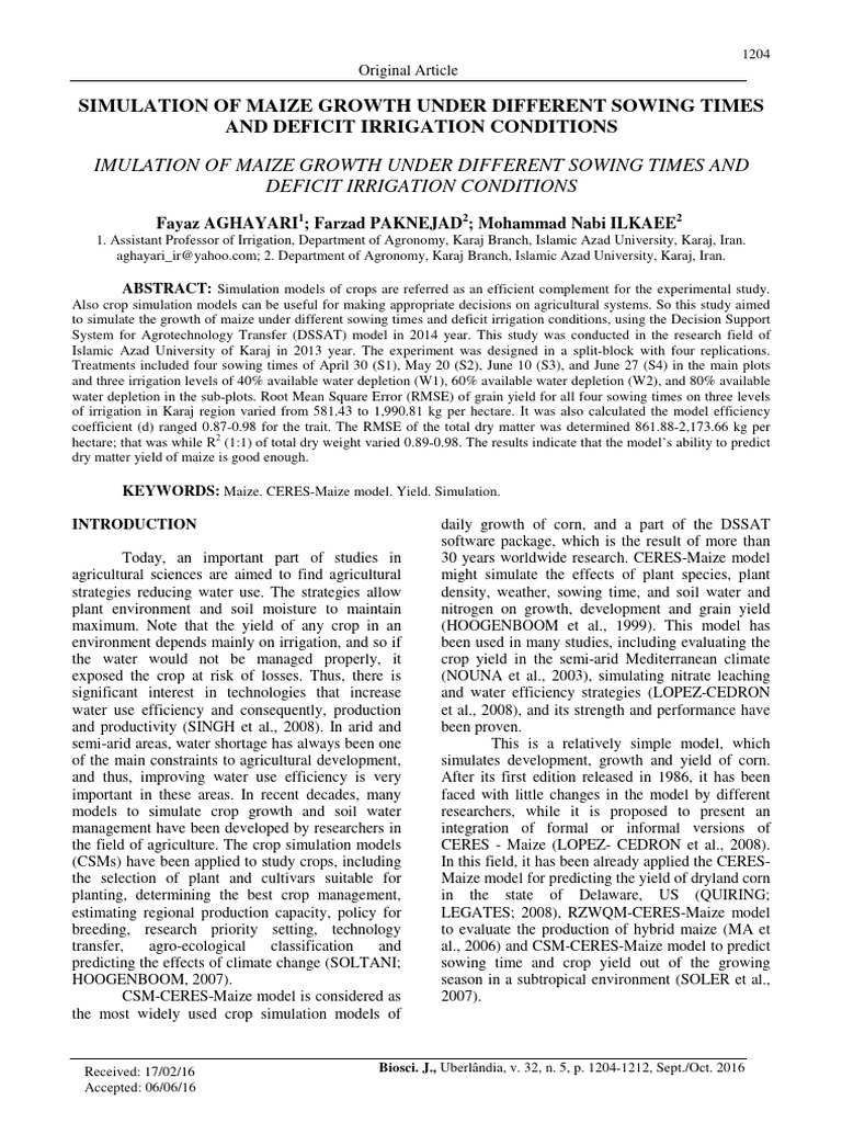 Simulation of Maize Growth Under Different Sowing Times and Deficit Irrigation Conditions | PDF ...
