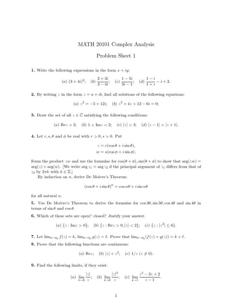 Complex Analysis Problem Sheet 1 | PDF | Teaching Methods & Materials | Computers