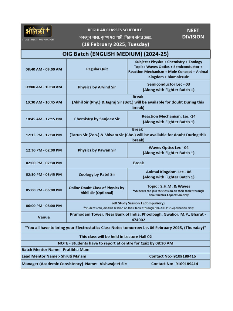 Regular Classes Schedule Fighter OIG (18-02-2025) | PDF | Physics | Natural Sciences