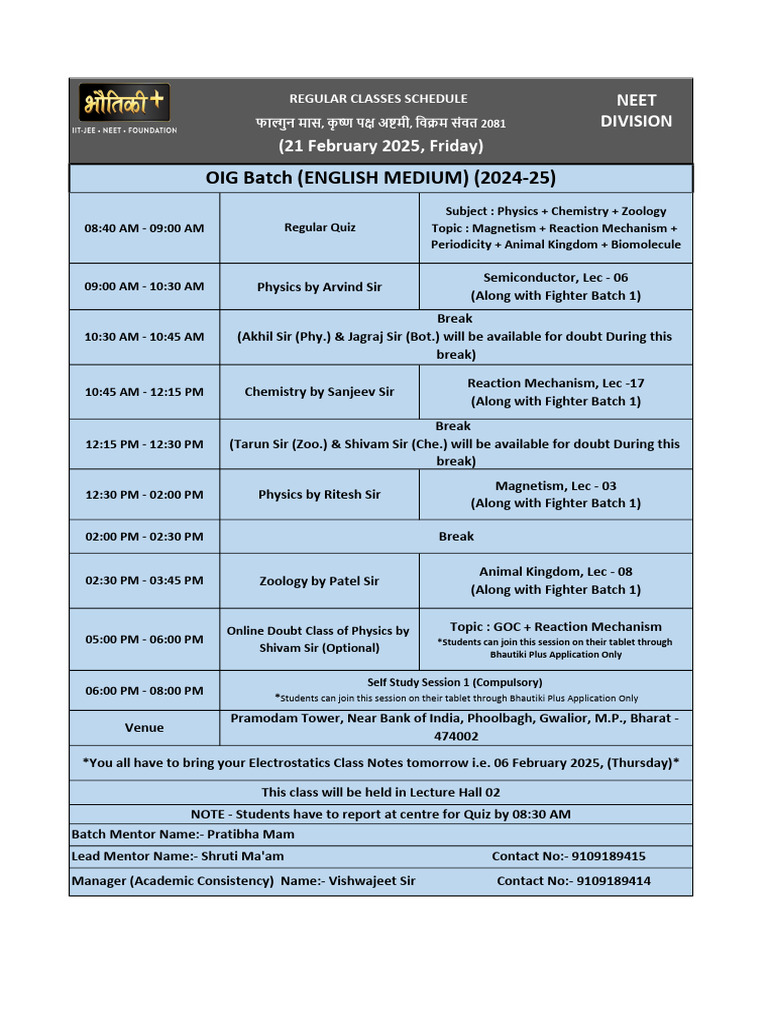 Regular Classes Schedule Fighter OIG (21-02-2025) | PDF | Physical Sciences | Natural Sciences