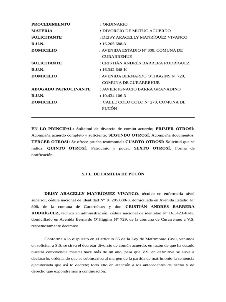 Demanda de Divorcio de Mutuo Acuerdo | PDF | Divorcio | Matrimonio