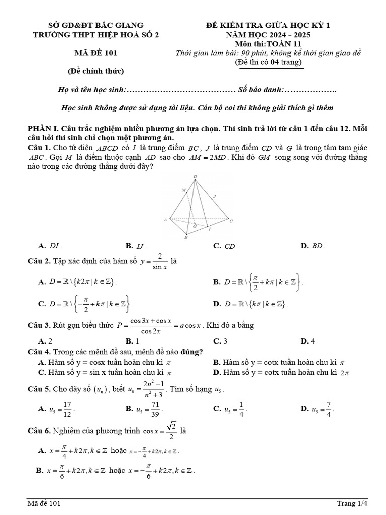 De Giua Hoc Ky 1 Toan 11 Nam 2024 2025 Truong THPT Hiep Hoa 2 Bac Giang | PDF