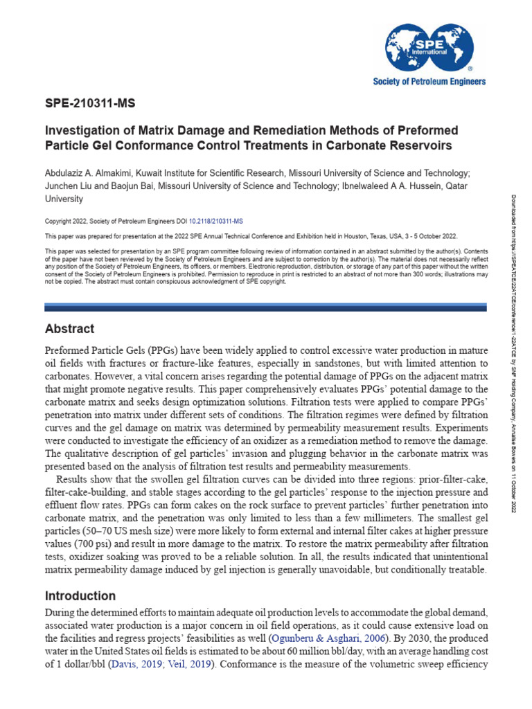 SPE 210311 - Investigation of Matrix Damage and Remediation Methods of Preformed Particle Gel ...