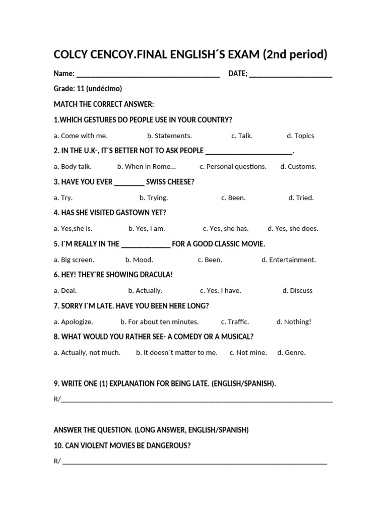 final English´s exam 2 | PDF