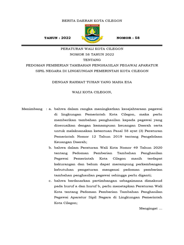 Pedoman TPP ASN Pemkot Cilegon 2022 | PDF