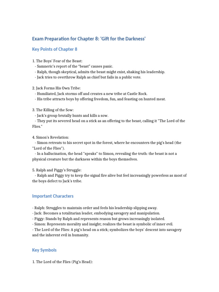 Chapter 8 Exam Prep Lord of The Flies | PDF