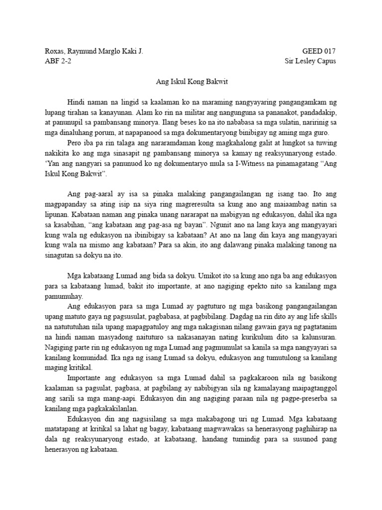 ROXAS - Panghuling Kalatas | PDF