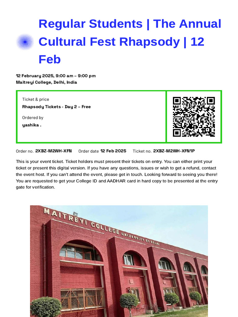 Rhapsody Cultural Fest Ticket Details | PDF
