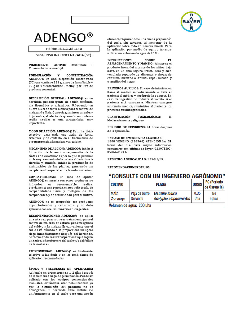 Adengo Bayer Ficha Tecnica Ecuador | PDF | Herbicida | Suelo