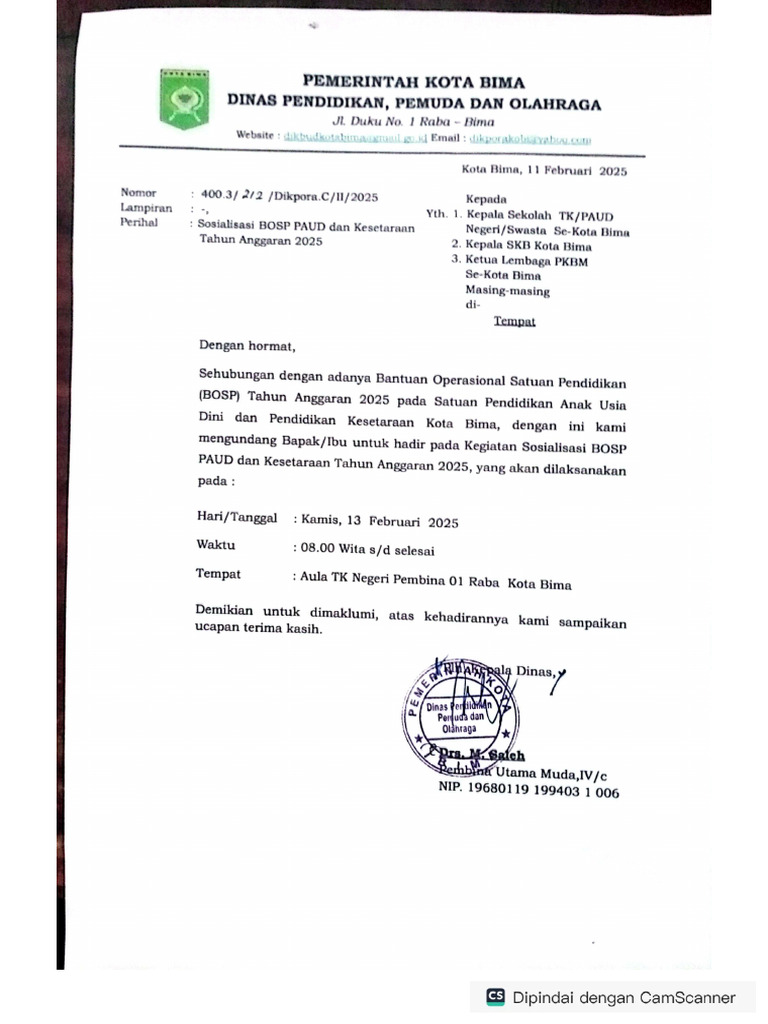 undangan Sosialisasi BOSP PAUD dan Kesetaraan Tahun 2025 | PDF