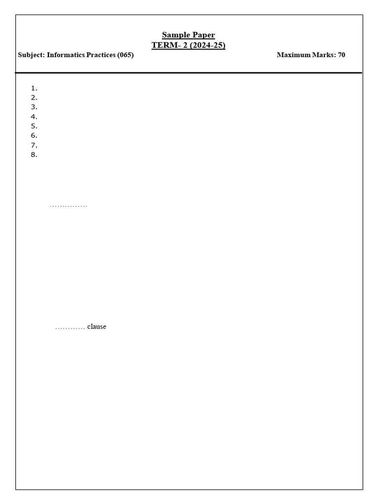 Informatics Practices Class XI Term 2 Exam | PDF | Table (Database) | Sql