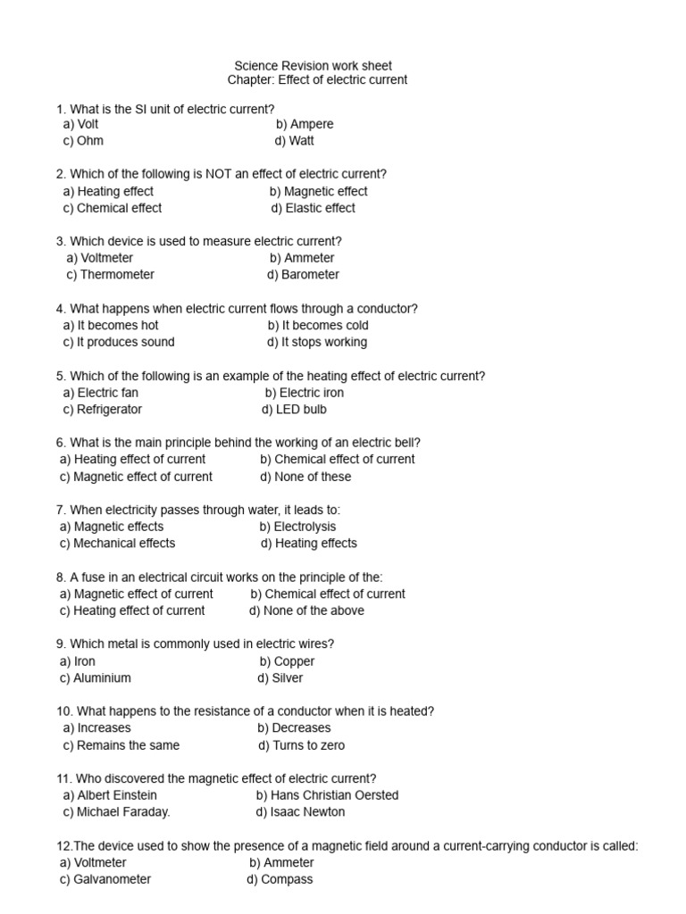 Electric Current Effects Revision Worksheet | PDF | Electric Current ...