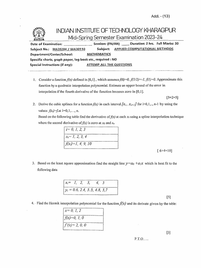 2024 Mid Spring Mathematics MA20204 Applied Computational Methods MS 2024 | PDF