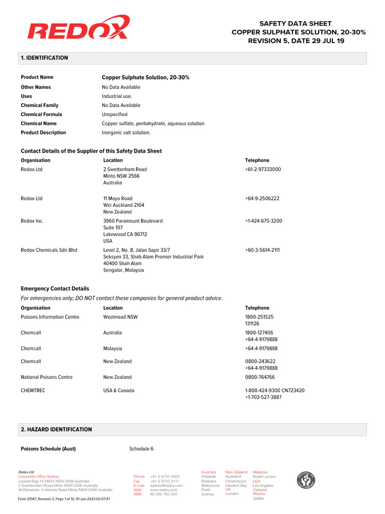 Copper Sulphate Solution Safety Data Sheet | PDF | Dangerous Goods | Fires