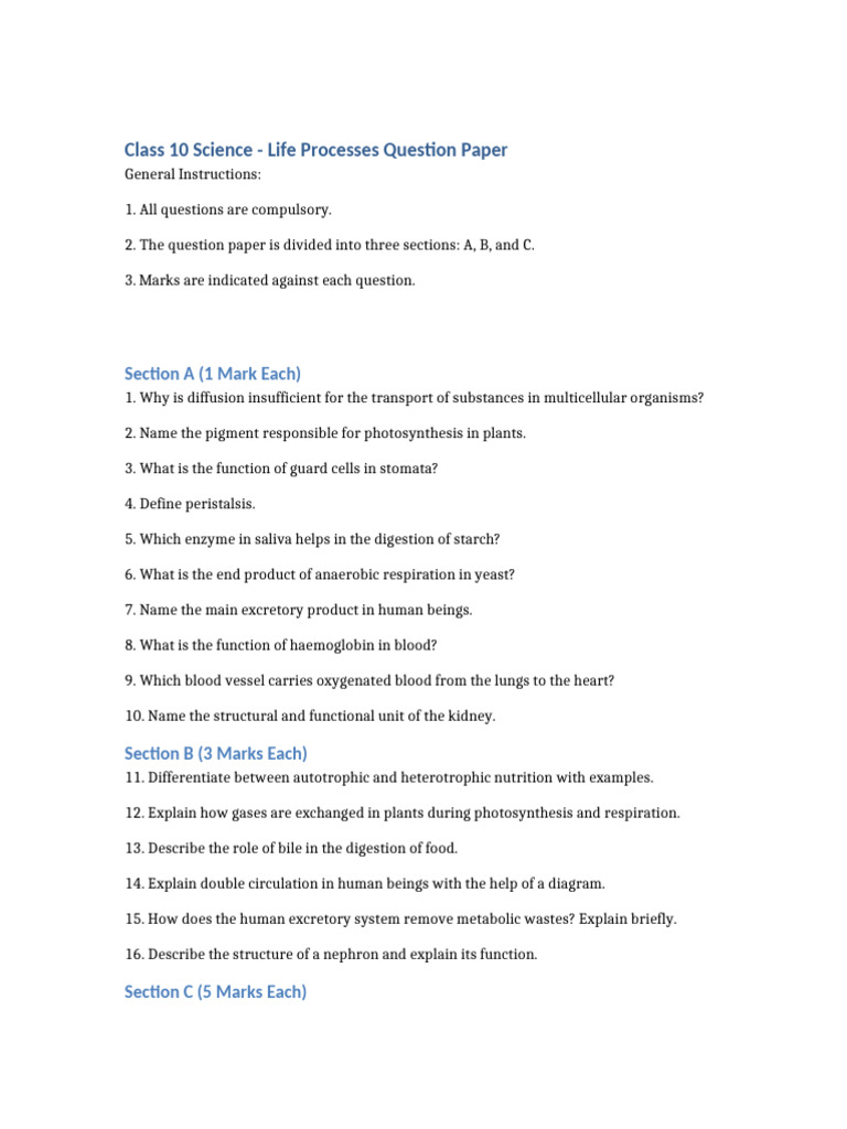 Life Processes Question Paper | PDF