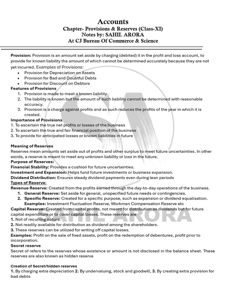 Notes Provision and Reserves | PDF | Debits And Credits | Dividend