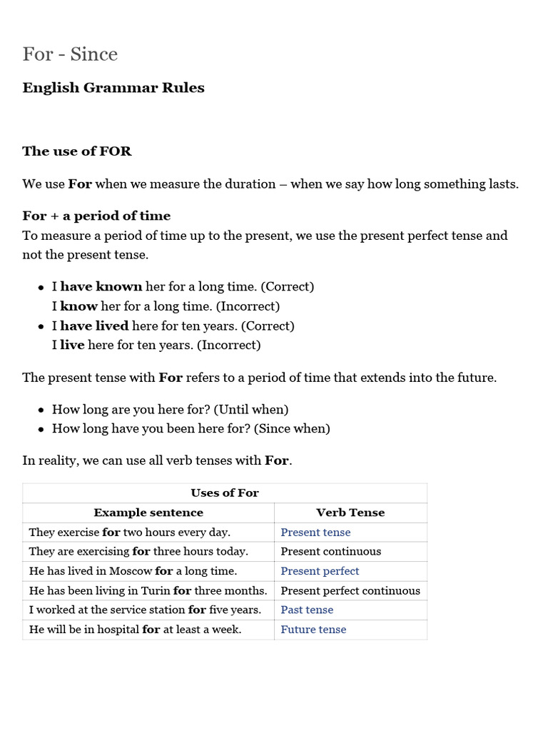 For Since Difference - When To Use For and Since in English | PDF ...