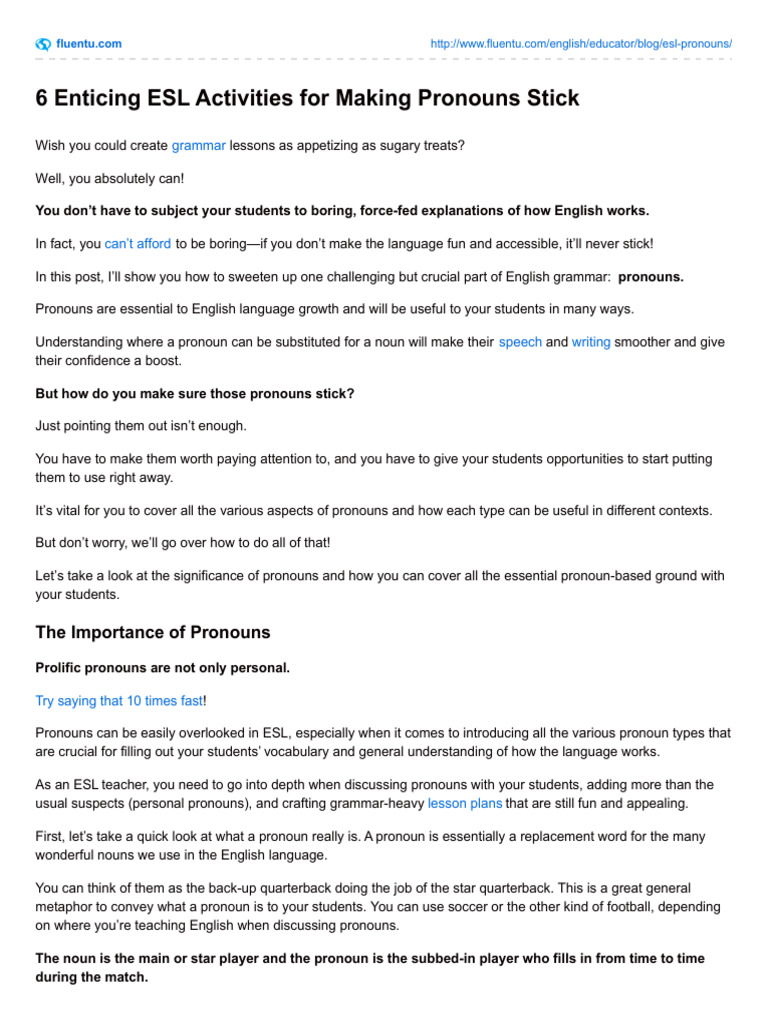 Engaging ESL Activities for Teaching Pronouns | PDF | Pronoun ...