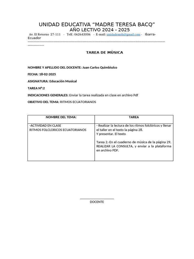 Tarea de Música: Ritmos Ecuatorianos | PDF