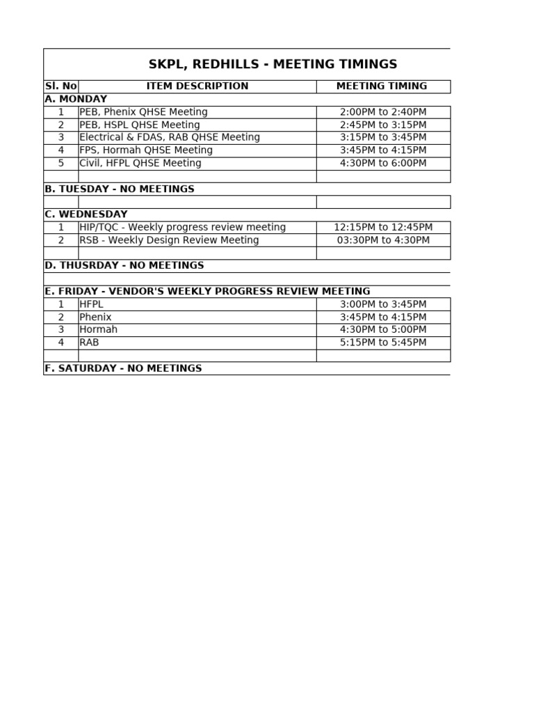 SKPL, Redhills - Meeting Timings Chart | PDF