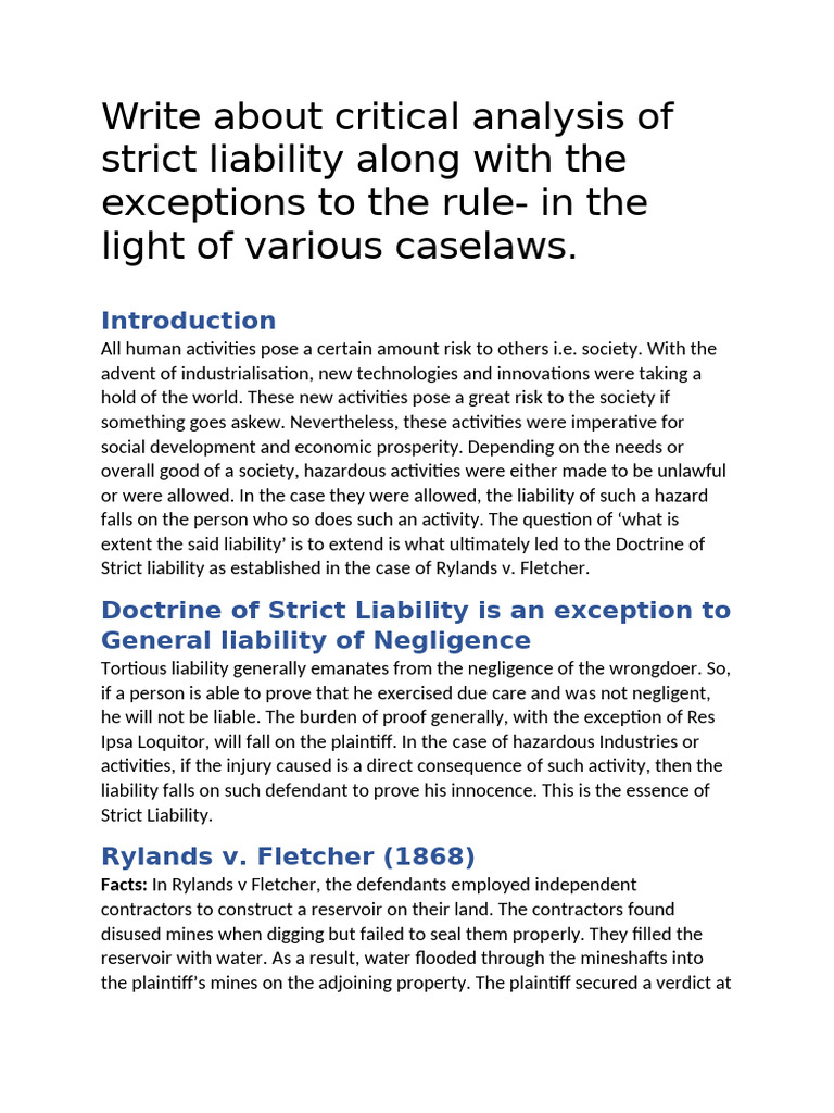Critical Analysis of Strict Liability Law | PDF | Legal Liability ...