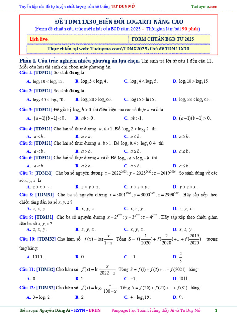 Đề Tdm11x30 - đtl - biến Đổi Logarit Nâng Cao - full | PDF