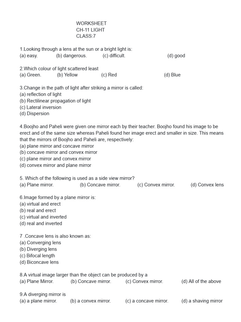 Class 7 Light Work Sheet | PDF | Mirror | Light