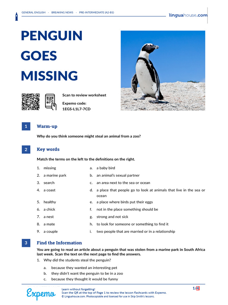 Penguin Goes Missing British English Teacher A2 B1 | PDF | Penguin