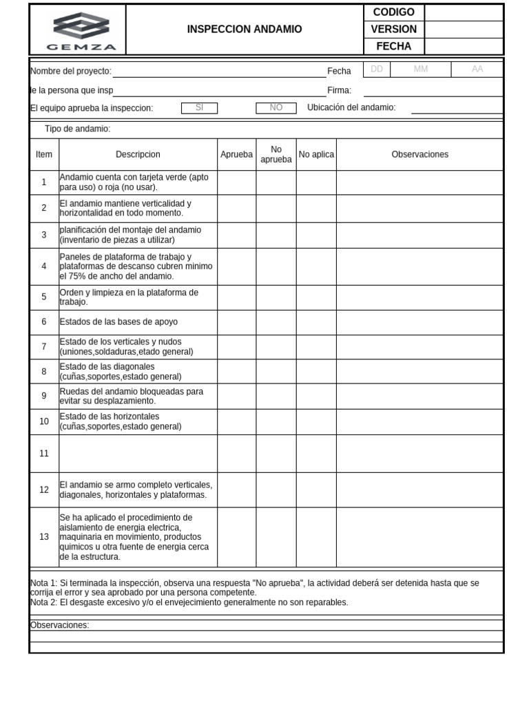 Inspección de Andamios: Checklist y Normas | PDF