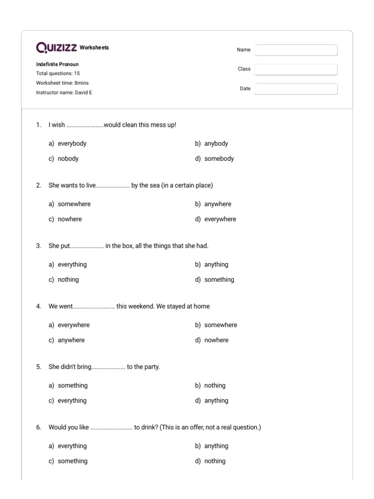 Indefinite Pronouns Exercise Worksheet | PDF
