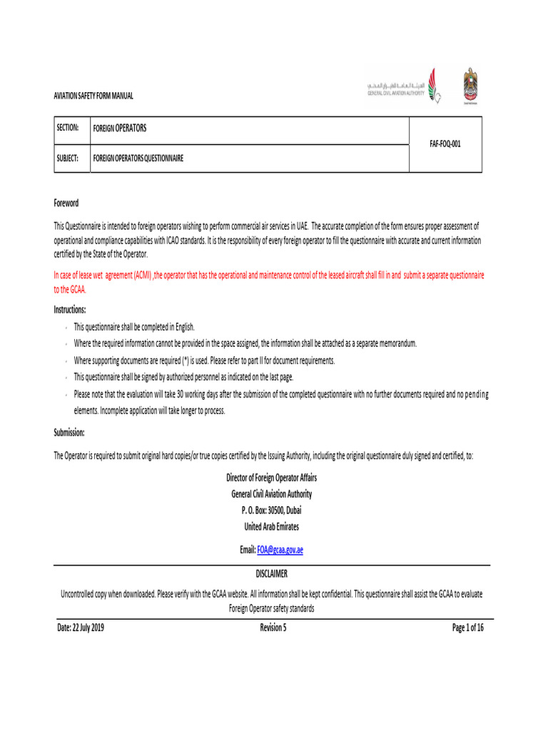 Foreign Operators Safety Questionnaire | PDF | Aviation