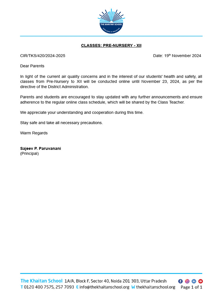 Circular No 420 For Classes Pre-Nursery - XII - 241119 - 113022 | PDF