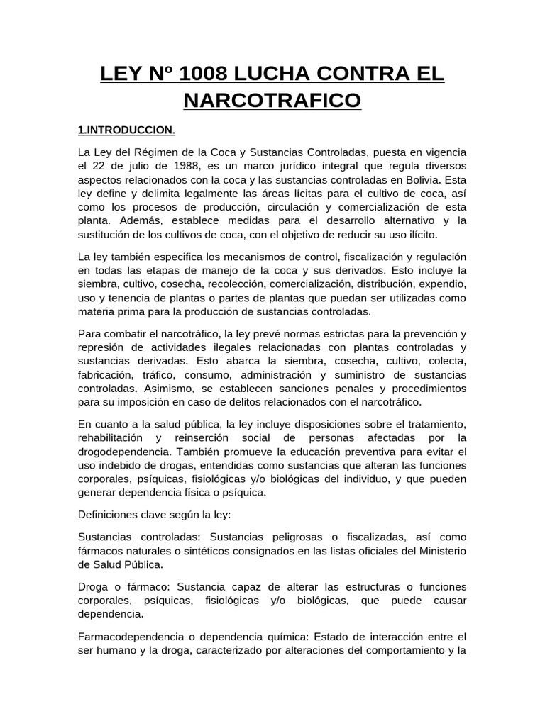 Ley 1008: Régimen de Coca y Narcotráfico | PDF | Coca | Comercio ilegal ...