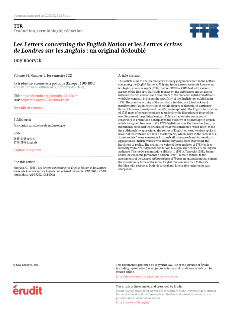 Rooryck, Guy. 2021. Les Letters Concerning The English Nation Et Les ...