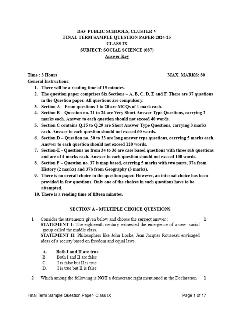 SSC - Final Term - Ans Key - Sample Paper - Ix - 2024-25 | PDF | Indus ...