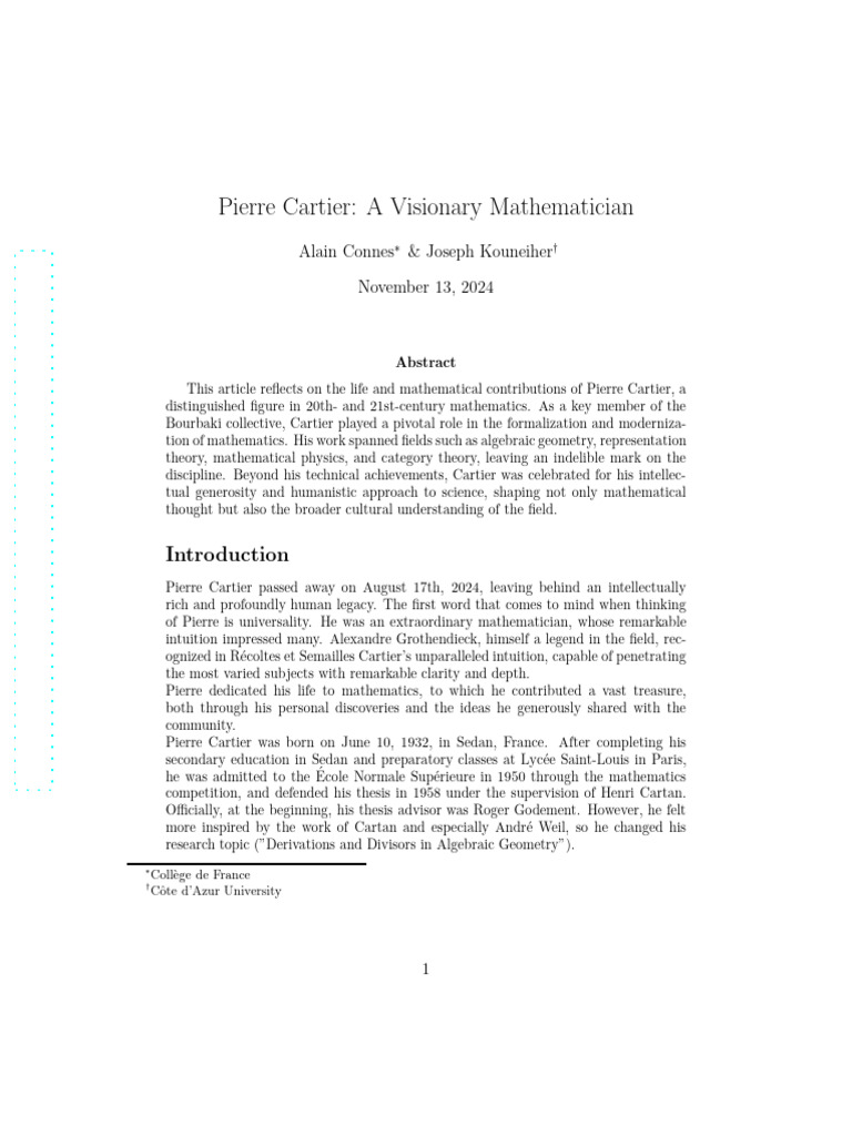 Pierre Cartier: Legacy in Mathematics | PDF | Group (Mathematics ...