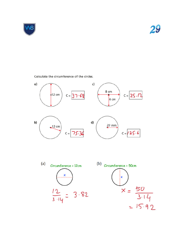 YEAR 8 - WS - Circumference of Circle - ANSWER KEY | PDF