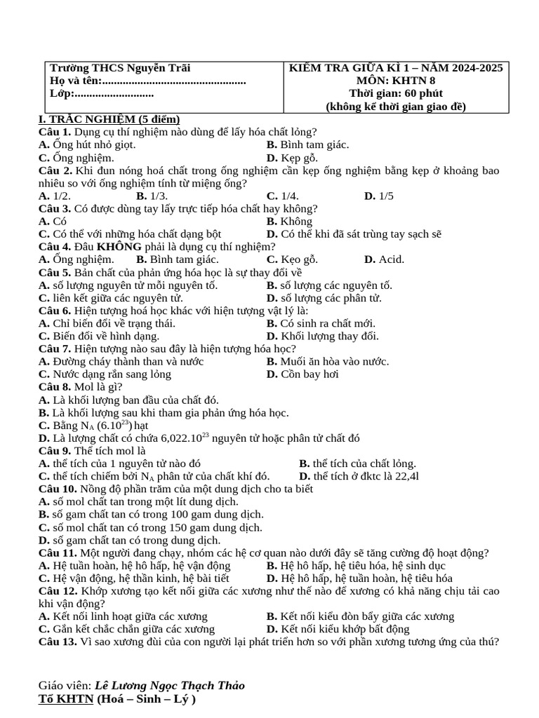 ma trậnđề GK1 KHTN8 | PDF