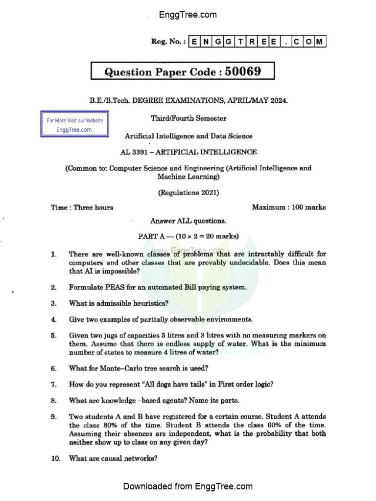AL3391 Artificial Intelligence Apr May 2024 Question Paper Download | PDF