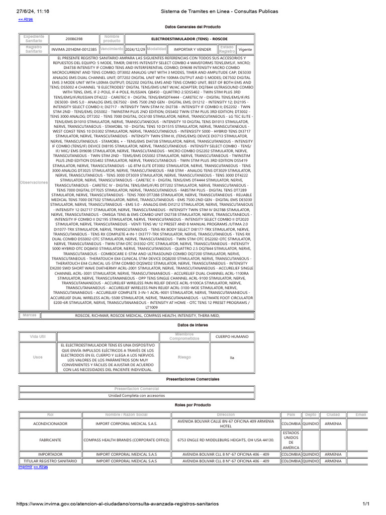 Roscoe TENS Device Sanitary Registration | PDF