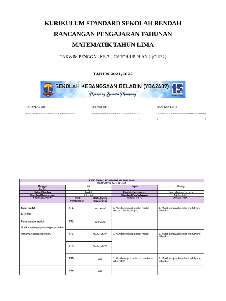 RPT CATCH UP PLAN MATEMATIK TAHUN 5 | PDF