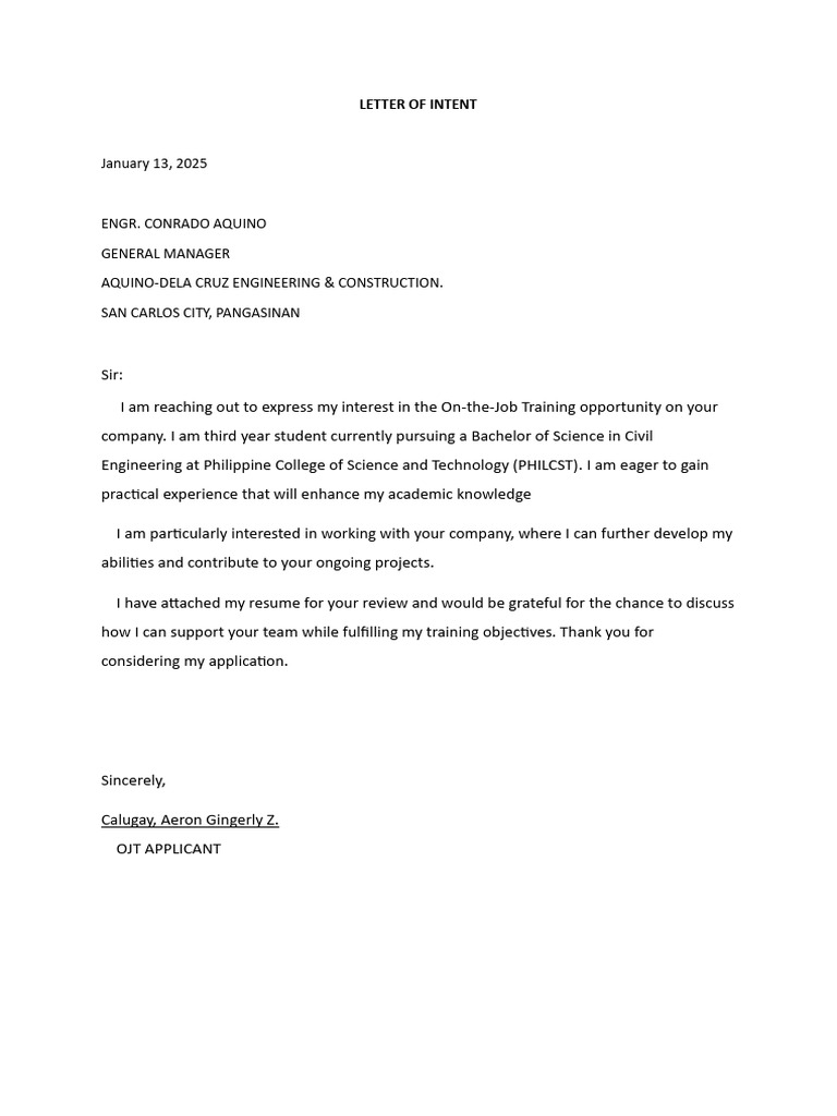 OJT Application Letter for Civil Engineering | PDF