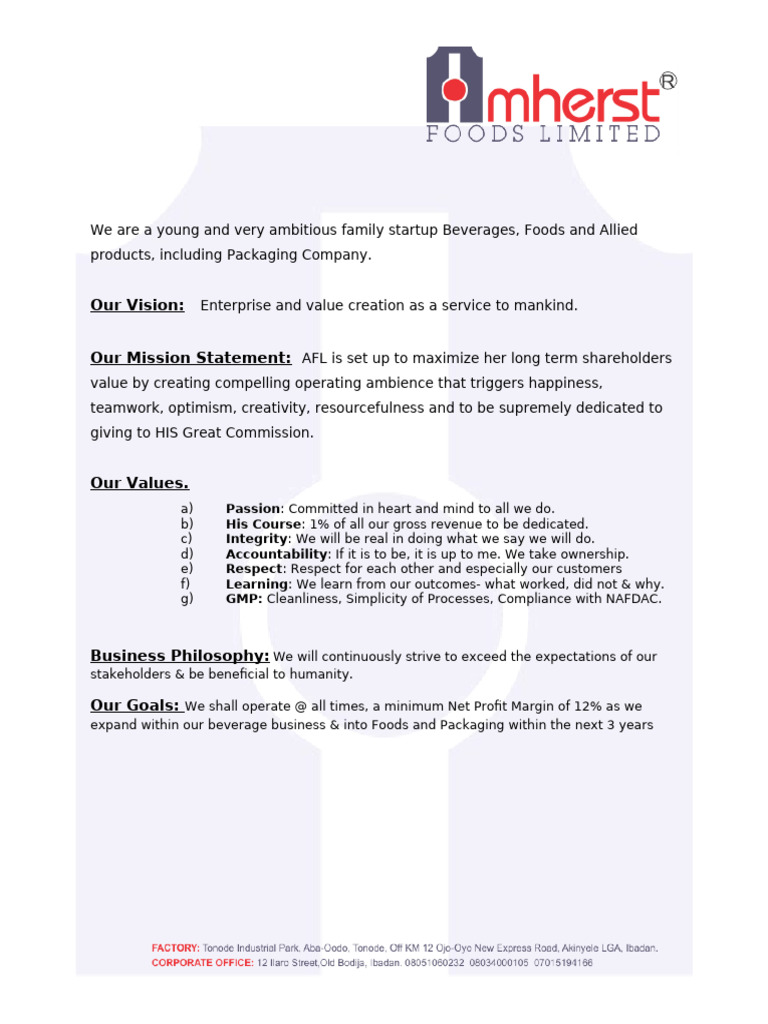 Amherst Foods Vision Values 26042021 | PDF