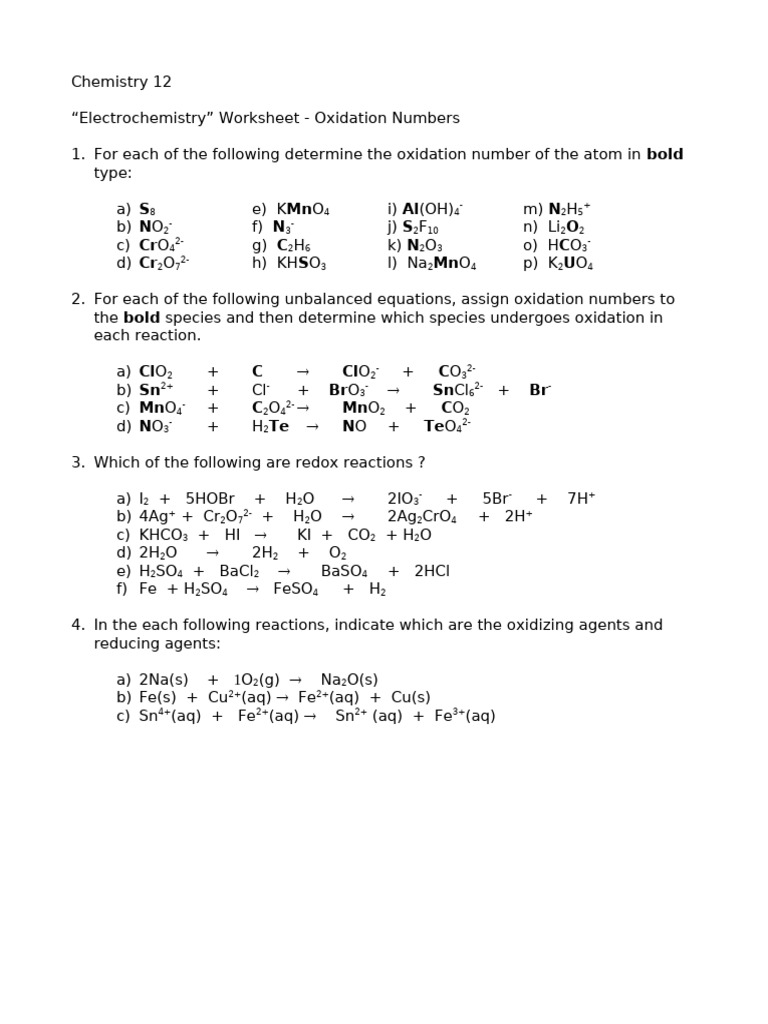 Oxidation Numbers Worksheet 2 | PDF | Redox | Chlorine