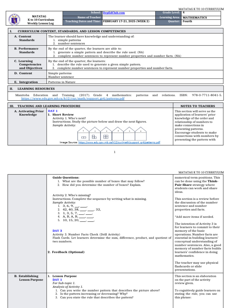 DLL Matatag - Math 4 Q4 W2 | PDF | Pattern | Curriculum