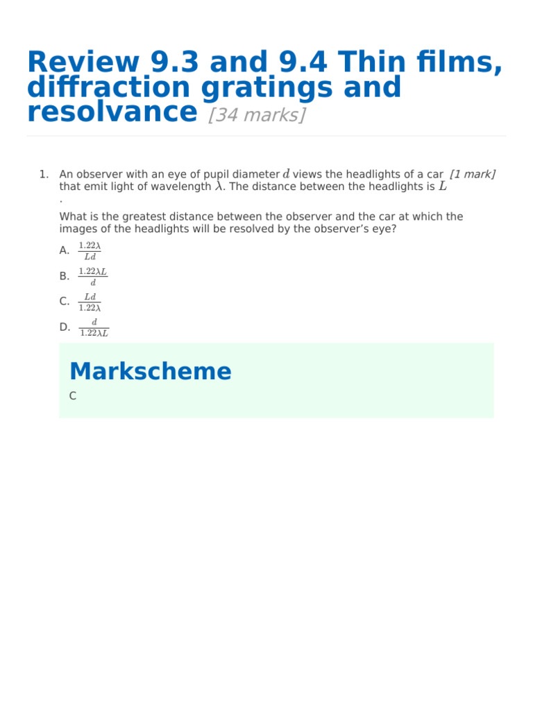Review 9.3 and 9.4 Thin Films Diffraction Gratings and Resolvance MS | PDF | Diffraction ...