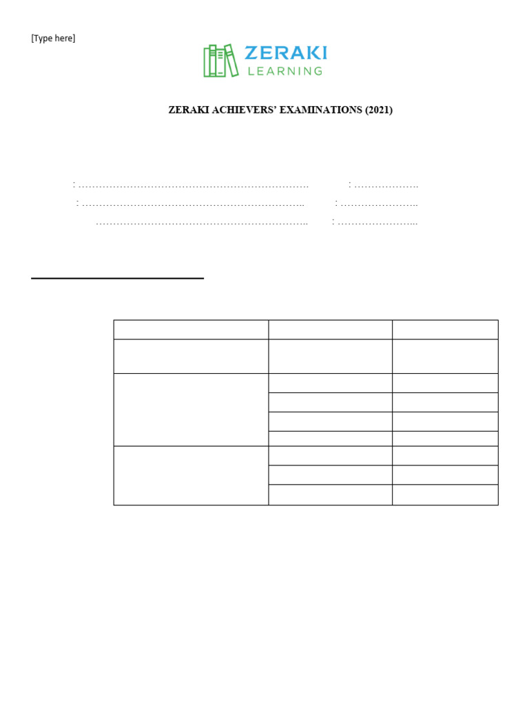 History - History Form 2 - Zeraki Achievers 3.0 - Question Paper | PDF