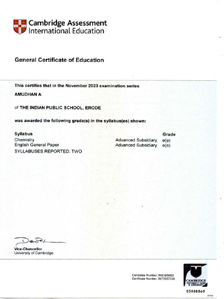 Amudhan A.S Level Marksheet | PDF