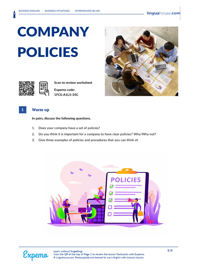 Company Policies British English Teacher B1 B2 | PDF | Linguistics